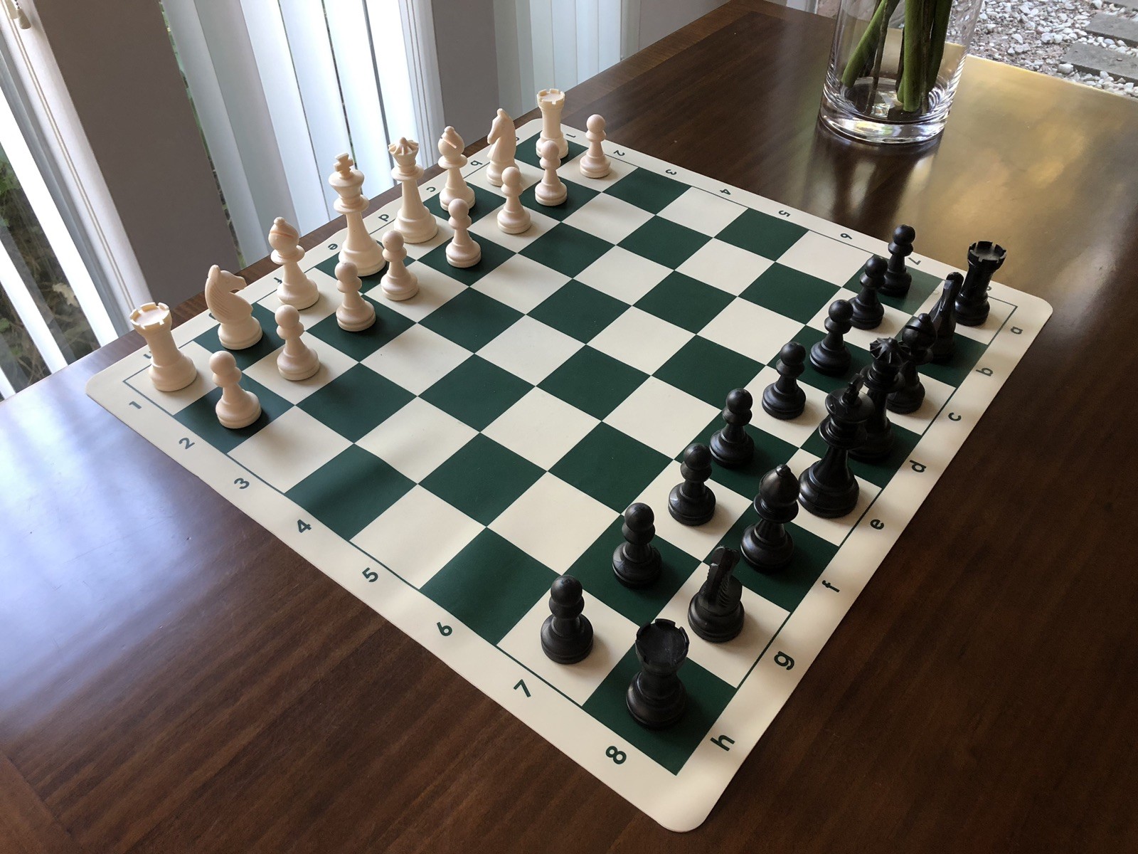 European Chess Set. 32 Cream & Black Chessmen W/ Green Silicone Board ...