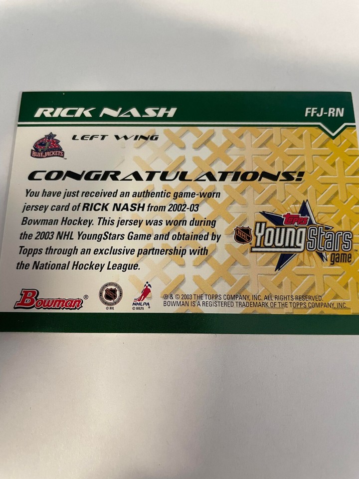 Rick Nash 02-03 Topps Bowman YoungStars Fabric of the Future Game ...