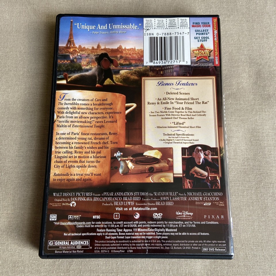 Disney Pixar: Ratatouille (DVD 2007 w/ EXCLUSIVE BONUS DISC & Guide ...