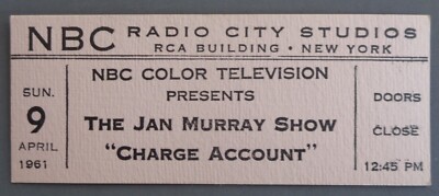 TV Ticket "The Jan Murray Show" "Charge Account" April 9, 1961 NBC Mint ...