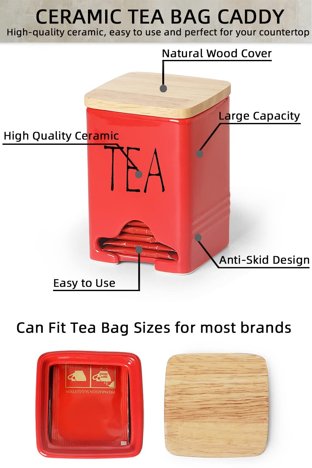 Ceramic Farmhouse Tea Bag Storage Organizer Caddy Holder With Lid red ...