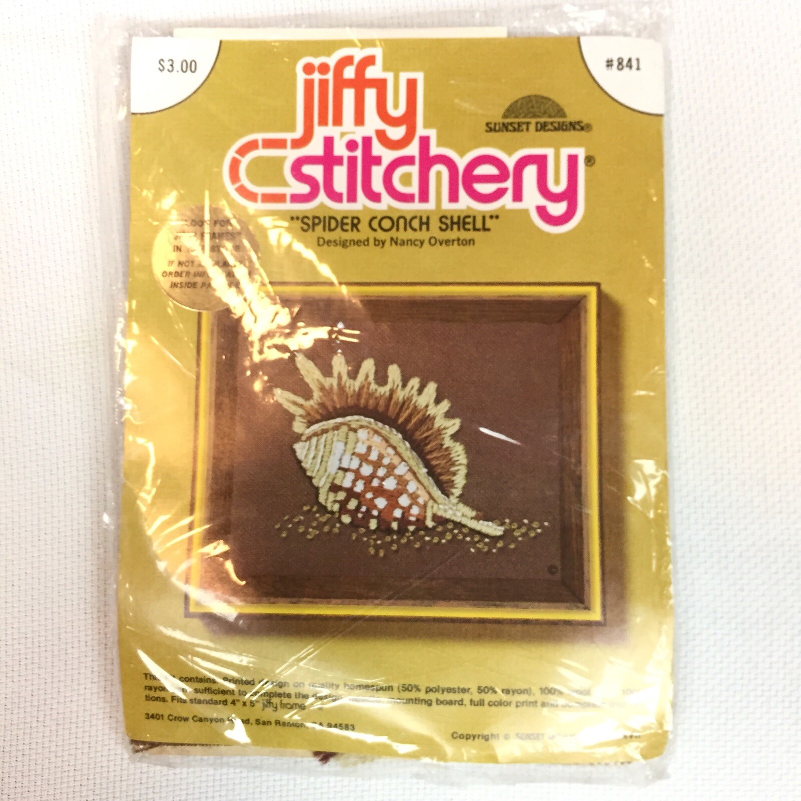 Jiffy Stitchery Sunset Designs Embroidery Kit Spider Conch Shell #841 ...