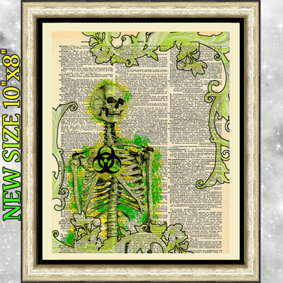 Art print antique book page dictionary Gothic Biohazard toxic skeleton ...