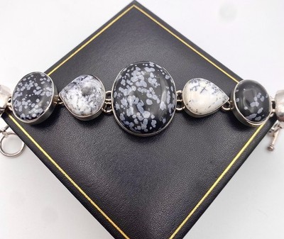 Sterling Silver Dendritic Agate & Snowflake Obsidian Bracelet | eBay UK