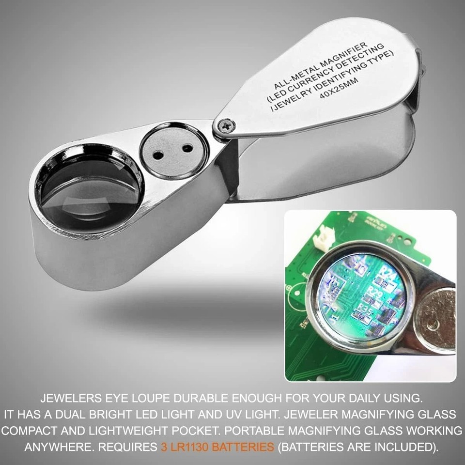 40X Jewelers Loupe Jewelry Loop Coin Magnifier Light Pocket LED ...
