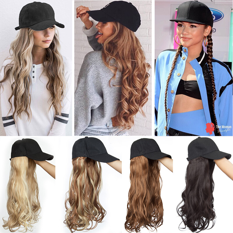 Baseball Cap with Curly Hair Wig Full Wigs Long Natural Wavy HairPiece ...
