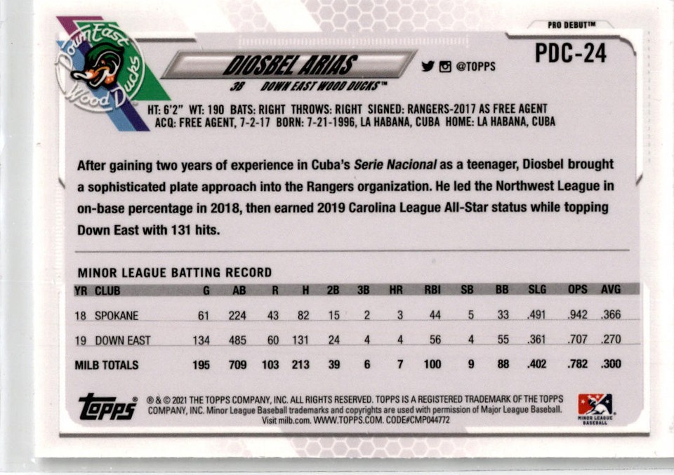 2021 Topps Pro Debut Baseball Chrome Diosbel Arias #PDC-24 | eBay