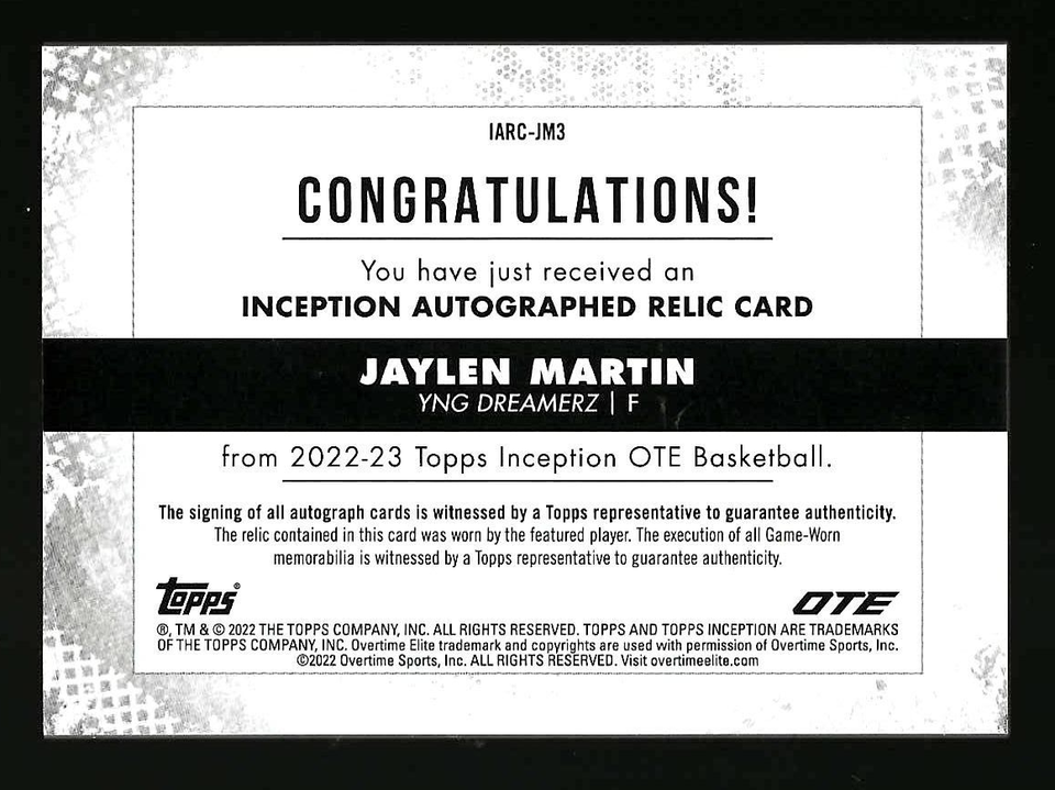 2022-23 Jaylen Martin Topps Inception Overtime Elite Rookie Auto Relic ...