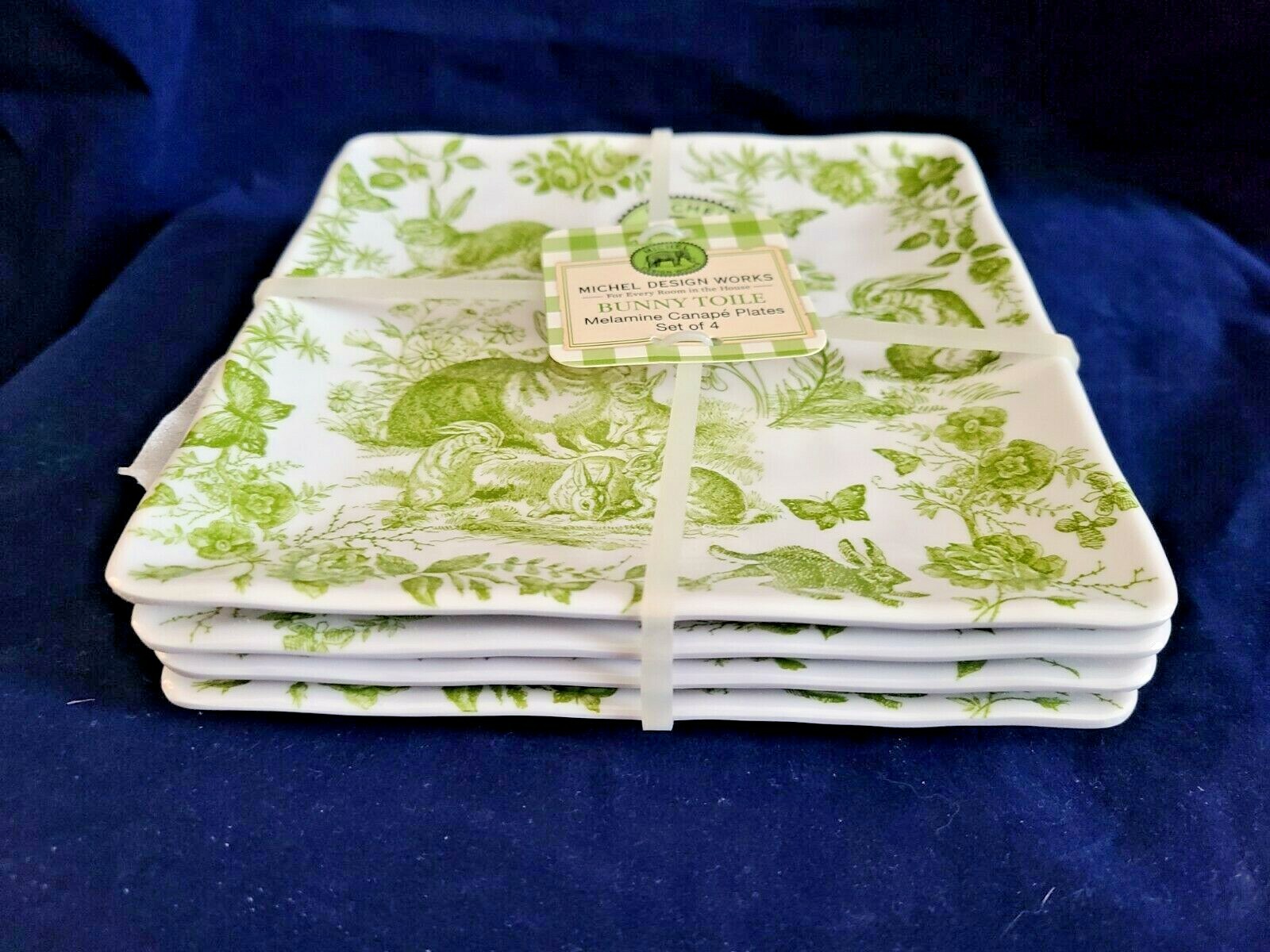 Michel Design Works Melamine 6" Canape Plates Bunny Toile Green Set 4 ...