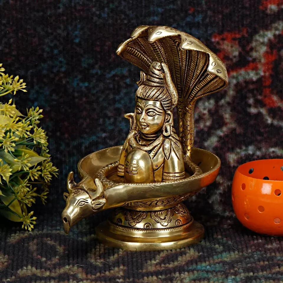 Handmade Brass Shivling with Snake Shiv Lingam Statue Shiva Nandi Cow ...