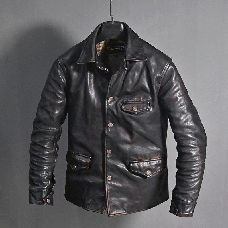 Men's Classic Vintage Distressed Black Jacket Coat Casual Biker Leather ...