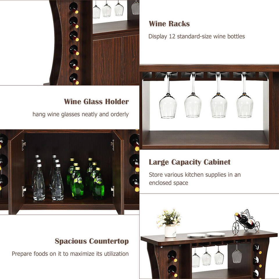Rolling Buffet Sideboard Wooden Bar Storage Cabinet w/ Wine Rack ...