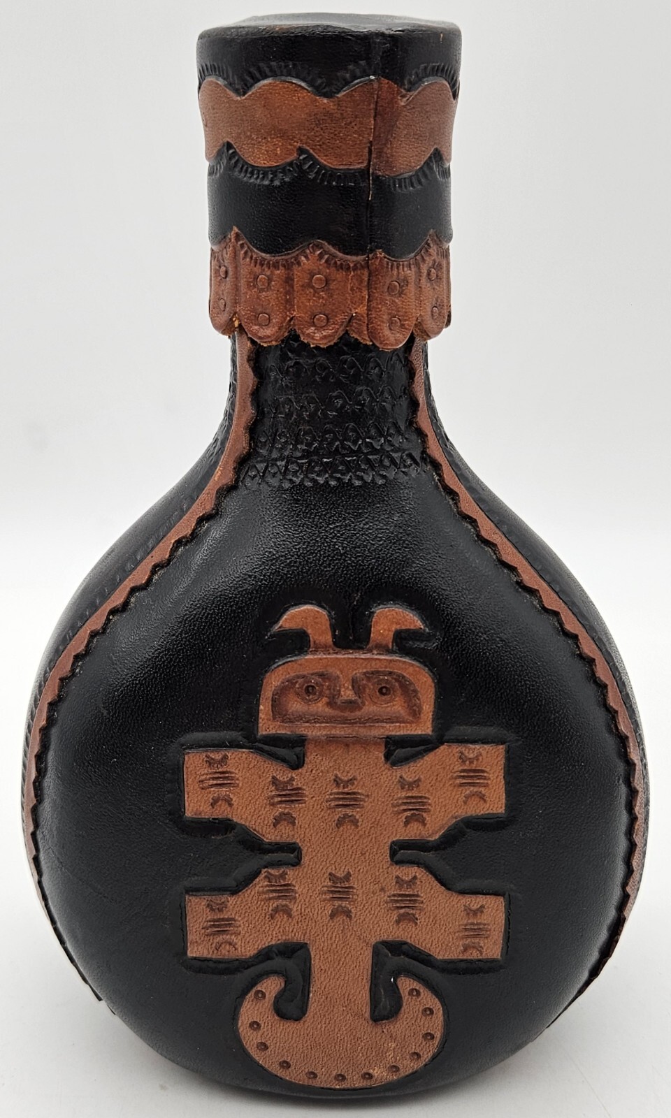 Vintage Aztec Tooled Leather Wrapped Bottle 12oz Green Glass Decanter ...