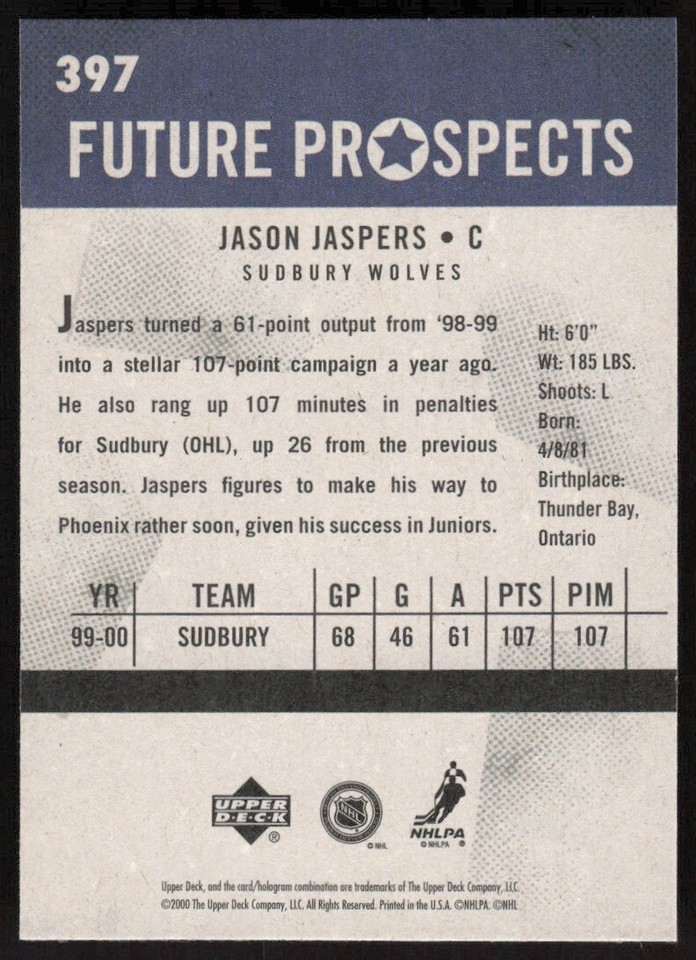2000-01 Upper Deck Vintage #397 Jason Jaspers Rookie Sudbury Wolves | eBay