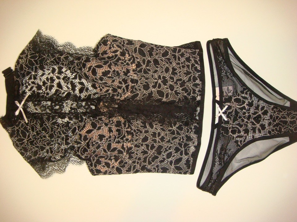 Victoria's Secret 36C CORSET TOP+L thong+M panty+TEDDY Bodysuit BLACK ...