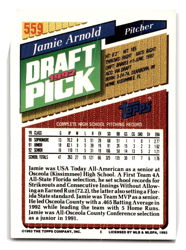 1993 Topps #559 Jamie Arnold 1992 Draft Pick | eBay