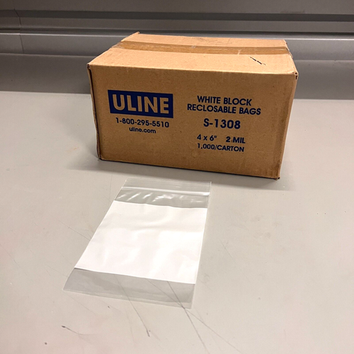 Case of 1000 Uline Reclosable Poly Bags 4x6 White Block 2 Mil S-1308 ...