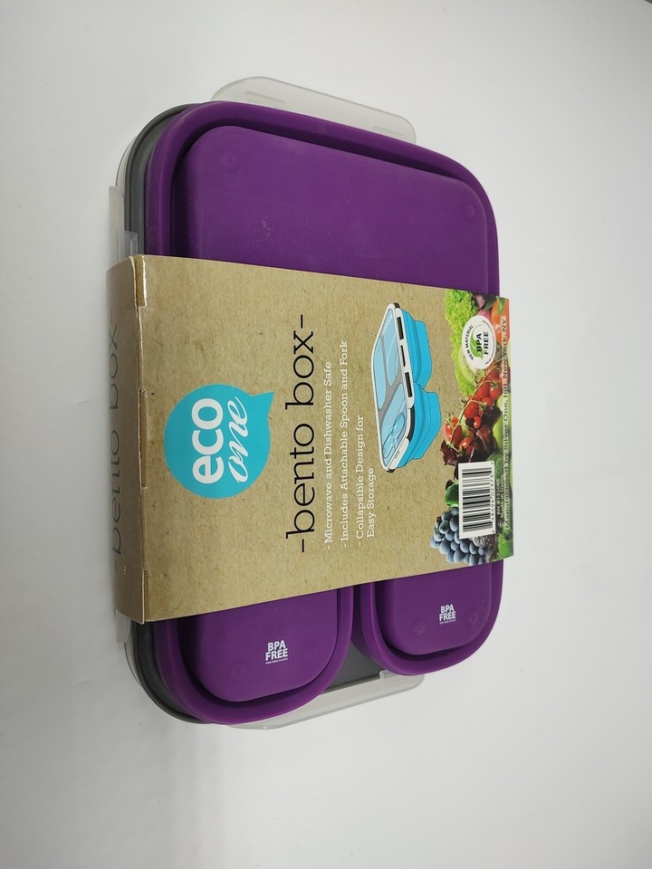 ECO ONE Bento Box COLLAPSABLE Lunch Snack Container purple w/Spoon Fork ...