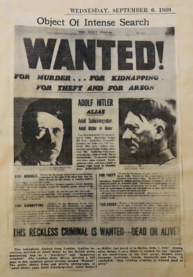 1939 Adolf Hitler Original Search Wanted Poster - The Daily Mirror RARE ...