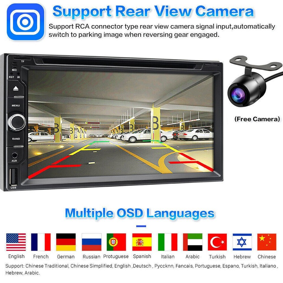 Double Din Car Stereo Bluetooth Carplay Radio 7" CD DVD Player + Backup ...