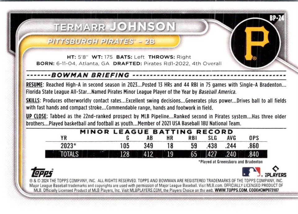 2024 Bowman Prospects Termarr Johnson #BP-24 Pittsburgh Pirates ...