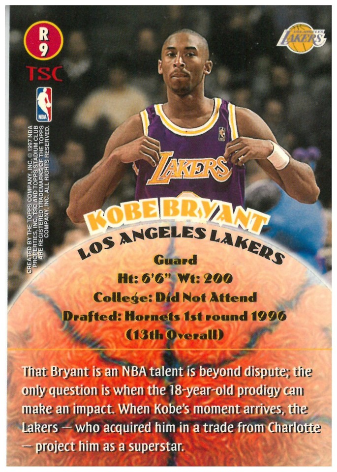 1996-1997 Topps Stadium Club Kobe Bryant Rookie Card #R9 - Lakers RC ...