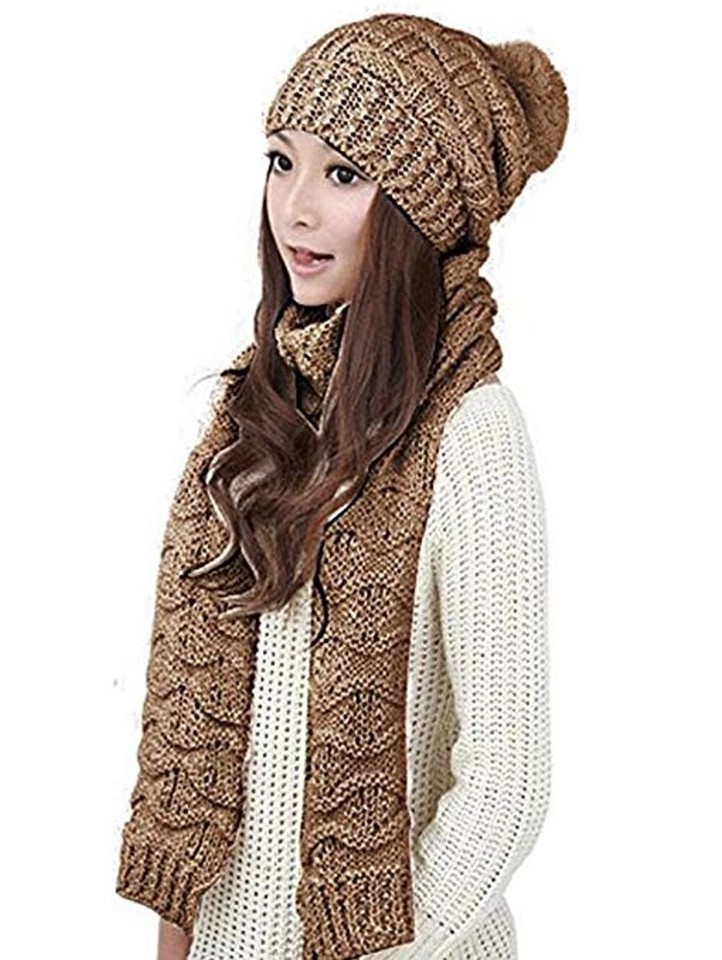 Women's Girls Winter Scarf & Hat Set Warm Knitted Beanie Scarves Knit ...