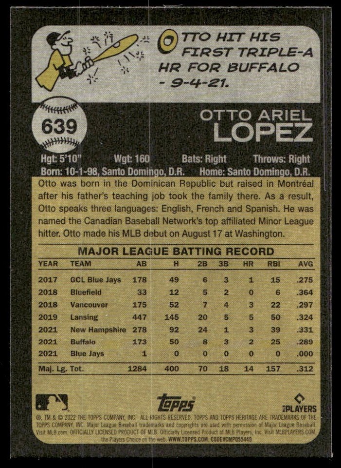2022 Topps Heritage Purple Chrome Otto Lopez Rookie G1 Toronto Blue ...