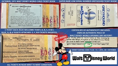 1971 Walt Disney World OPENING DAY Greyhound CHILD Ticket Book TICKETS ...