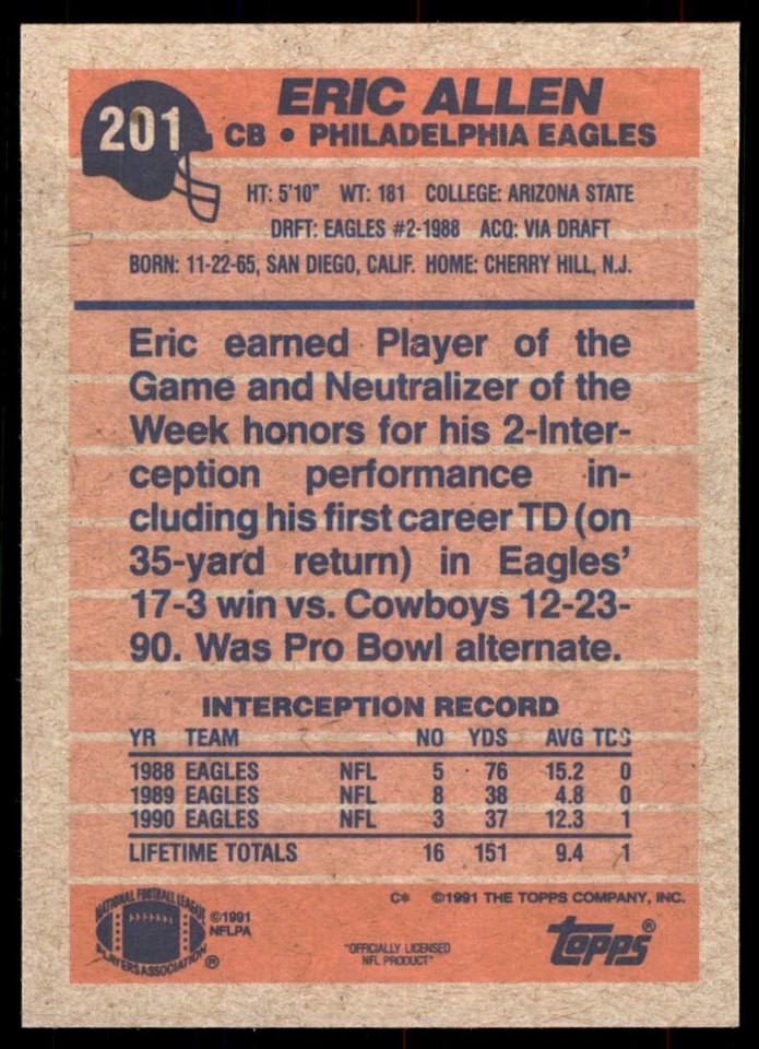 1991 Topps Eric Allen Philadelphia Eagles #201 | eBay