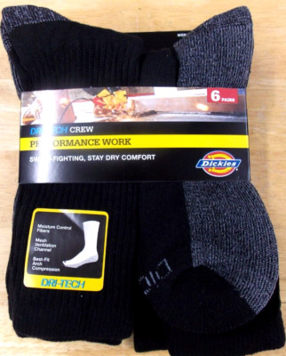 Dickies Dri Tech Crew Socks, Dickies 11750, 6 Pair pack, Black 6-12 | eBay