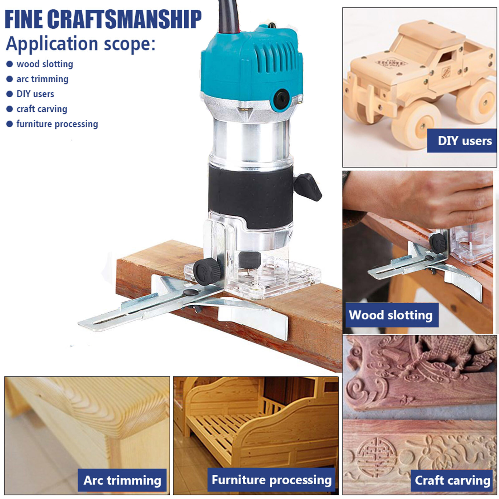 800W 1/4" Electric Hand Trimmer Palm Router Woodworking Laminate Wood ...