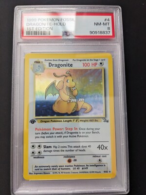 Dragonite 4/62 Fossil 1st Edition Holo Rare 1999 Pokemon WotC PSA 8 NM ...