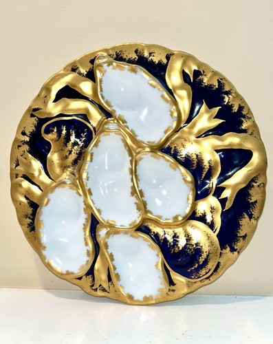 Antique Gilman Collamore New York Turkey Oyster Plate Hand Painted Blue ...