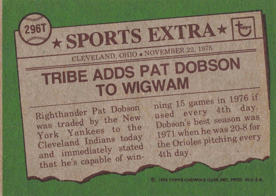 Pat Dobson Traded to Cleveland Indians 1976 Topps Baseball Card #396T ...