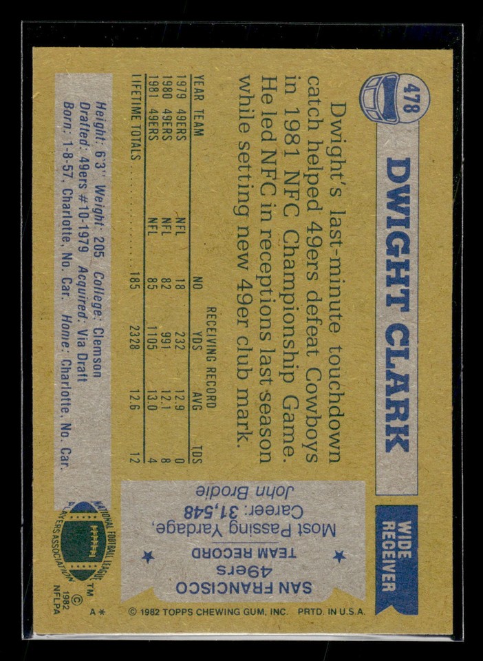 1982 Topps #478 Dwight Clark "Set Break" Mint San Francisco 49ers | eBay