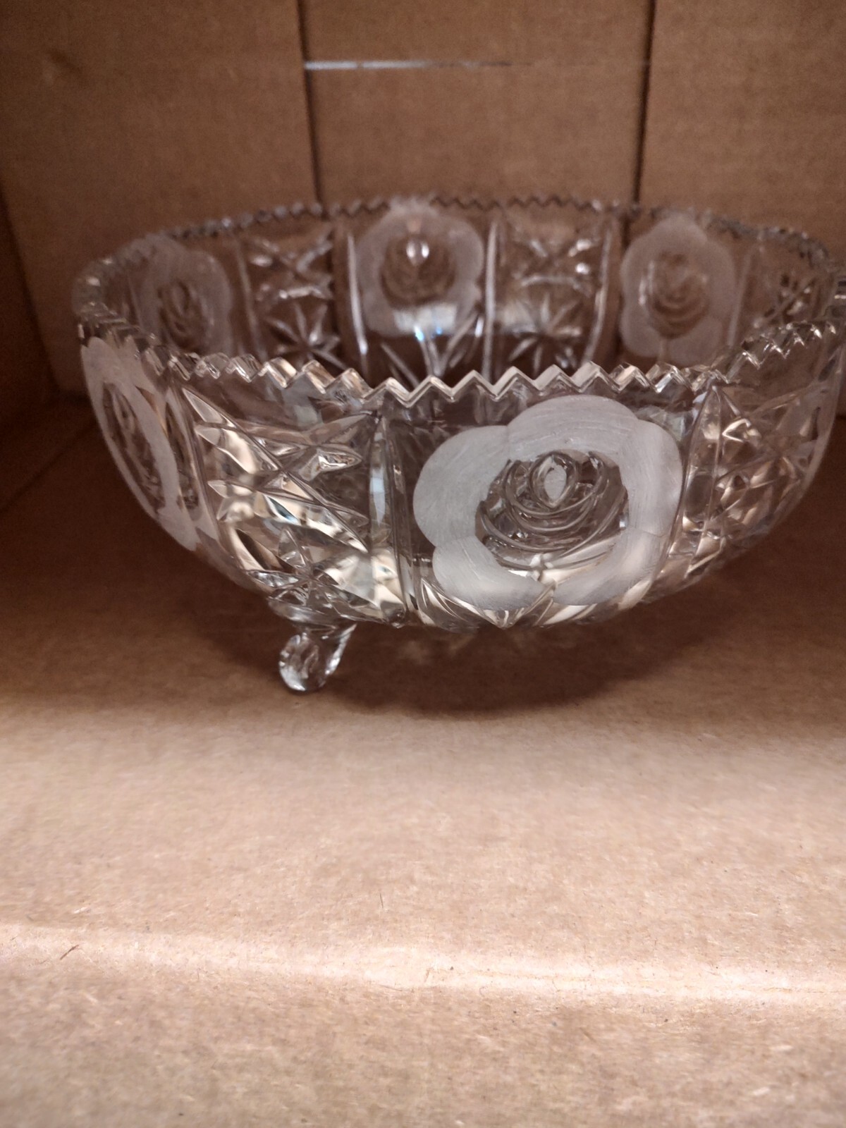 Vintage Crystal Cut Glass Bowl With Etched Roses, Curled Cornucopia ...