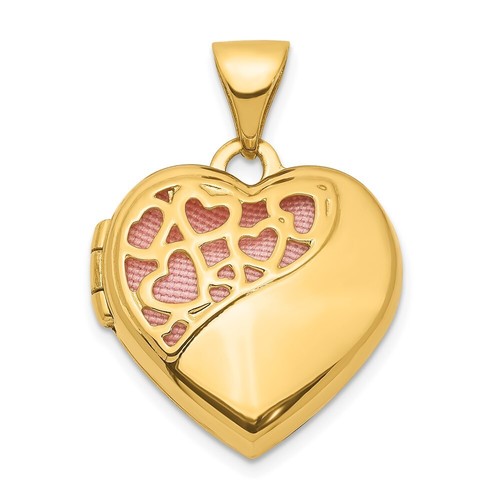 Real 14kt Yellow Gold Hearts Cut Out 16mm w/Pink Fabric Heart Locket ...