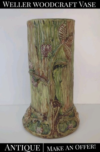 ANTIQUE WELLER WOODCRAFT FOREST TREE 10" VASE Matte Glaze ART POTTERY ...