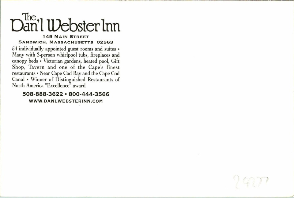 Sandwich MA Dan'l WEbster Inn Cape Cod Postcard Unused (29277) | eBay