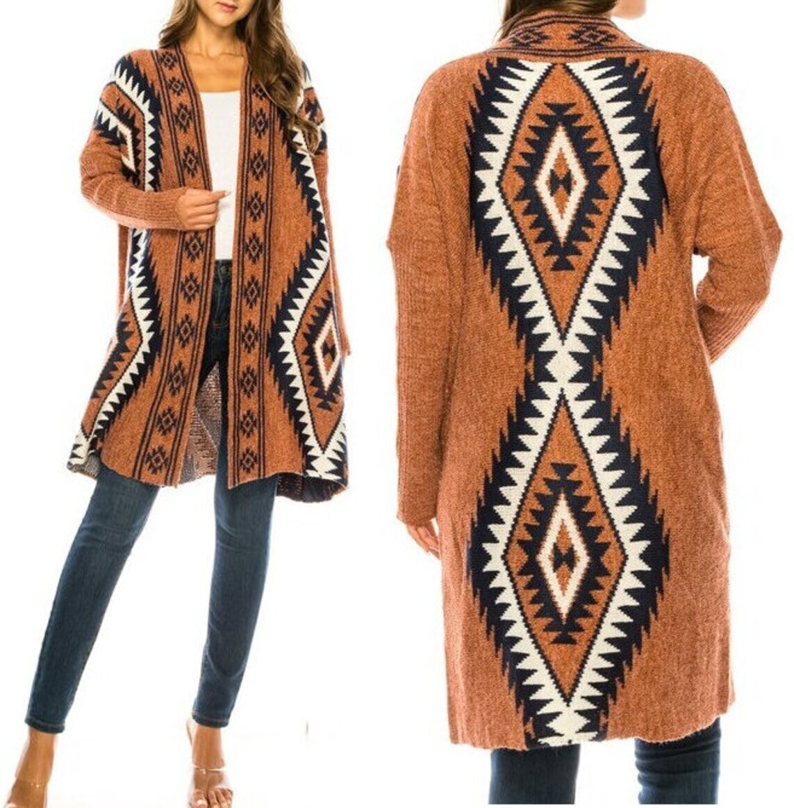 Boho Aztec Tribal Southwestern Print Knit Cardigan Sweater Duster Top S ...