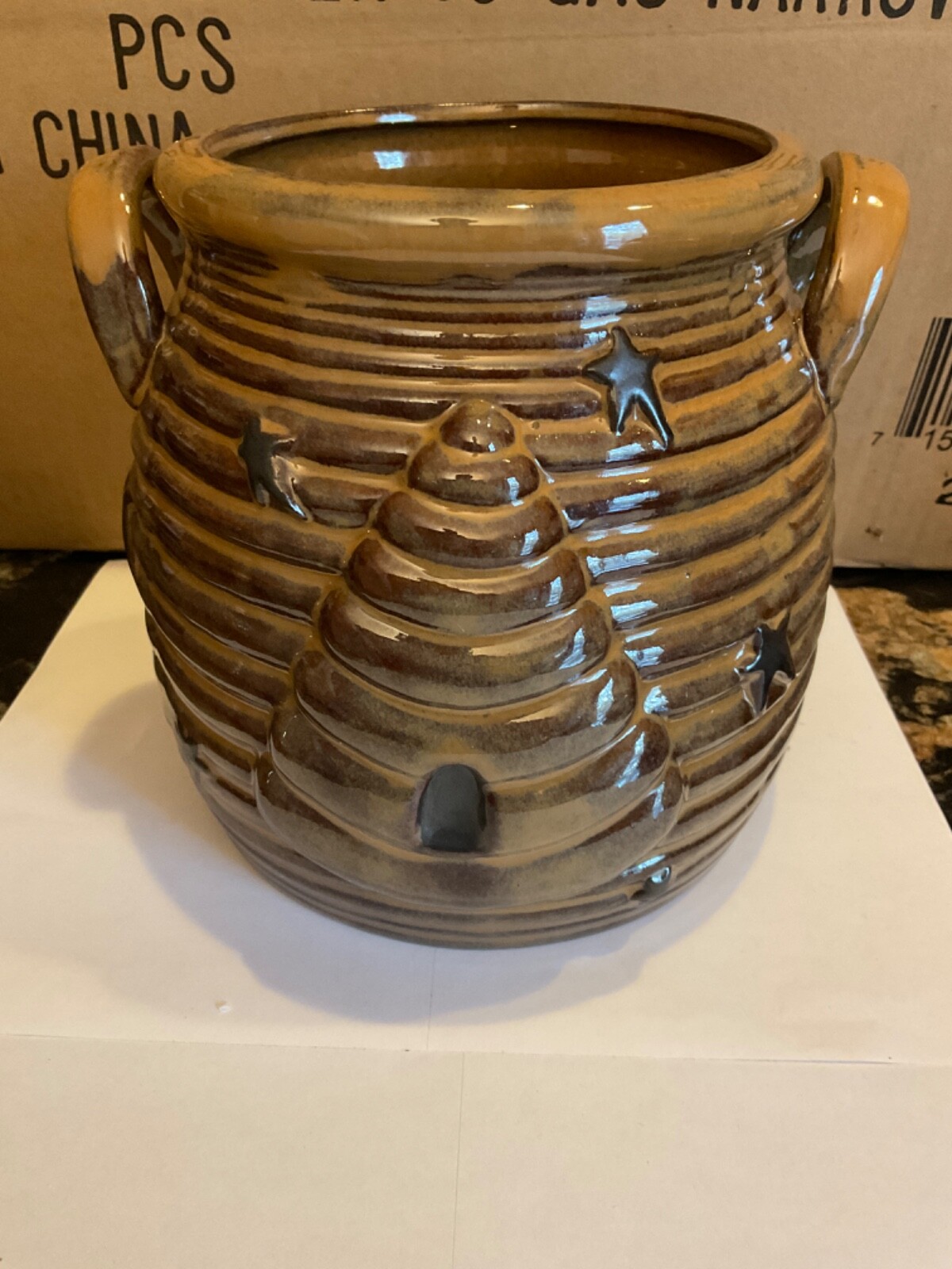 Primitive vintage honey & me BEEHIVE pottery ribbed crock LARGE 7 inch ...