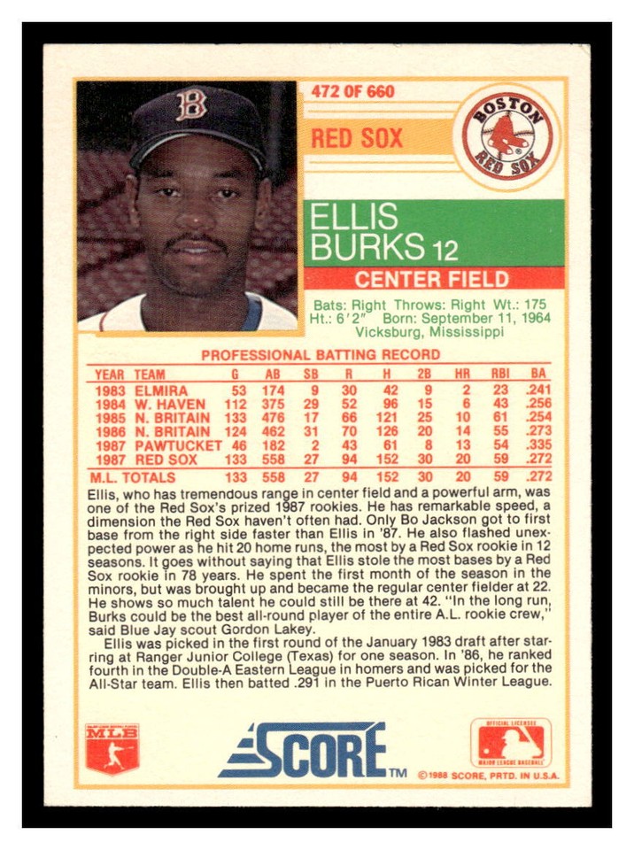 1988 Score #472 Ellis Burks - Boston Red Sox Rookie | eBay