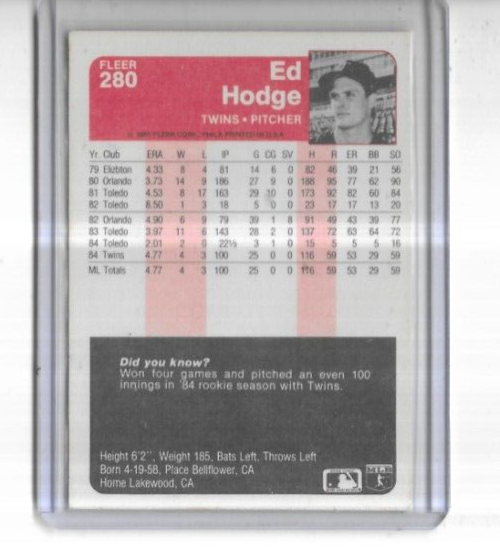1985 Fleer #280 Ed Hodge Minnesota Twins | eBay