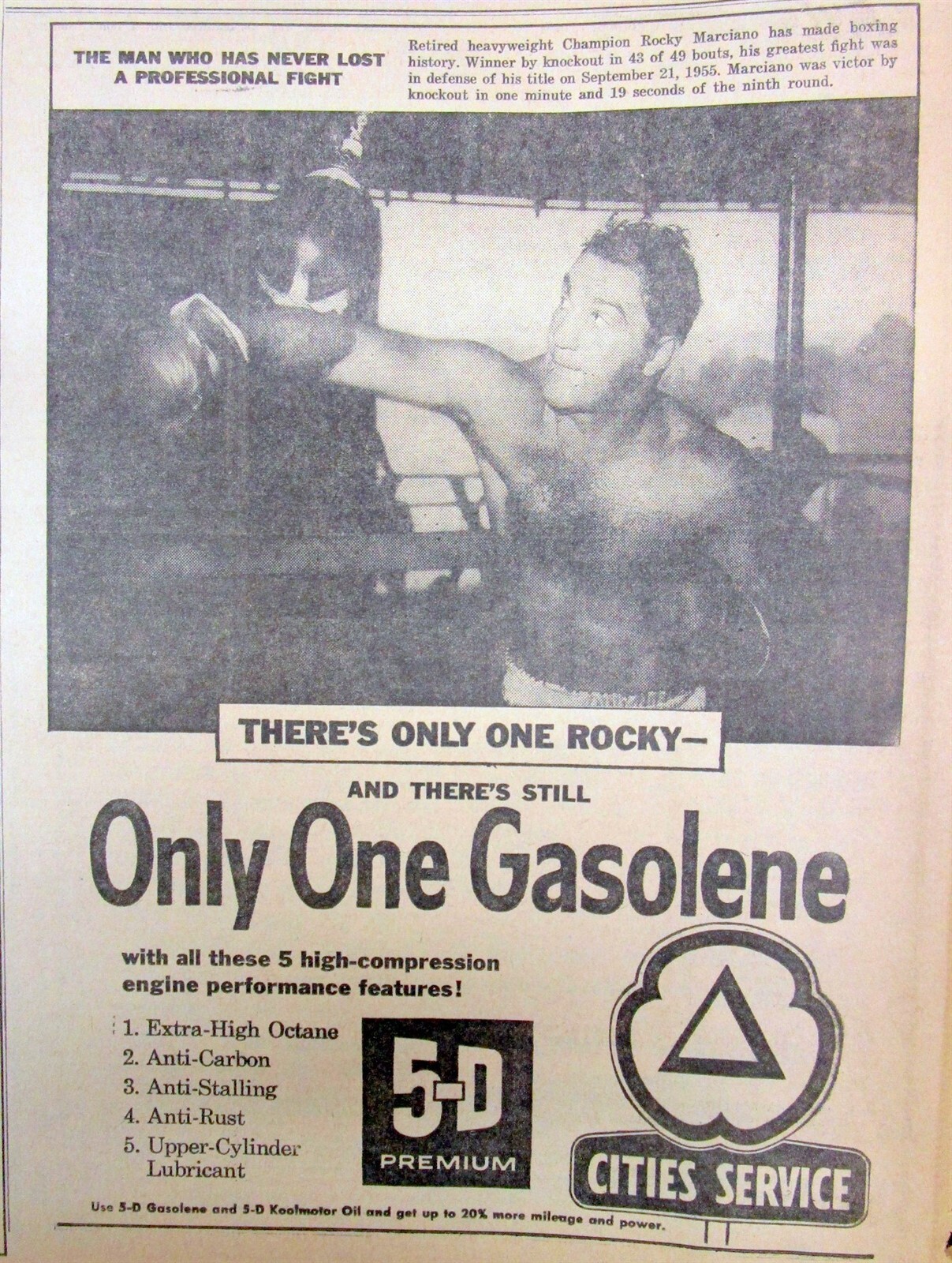 1956 newspaper w illustrated Gasoline Ad featuring photo of boxer ROCKY ...