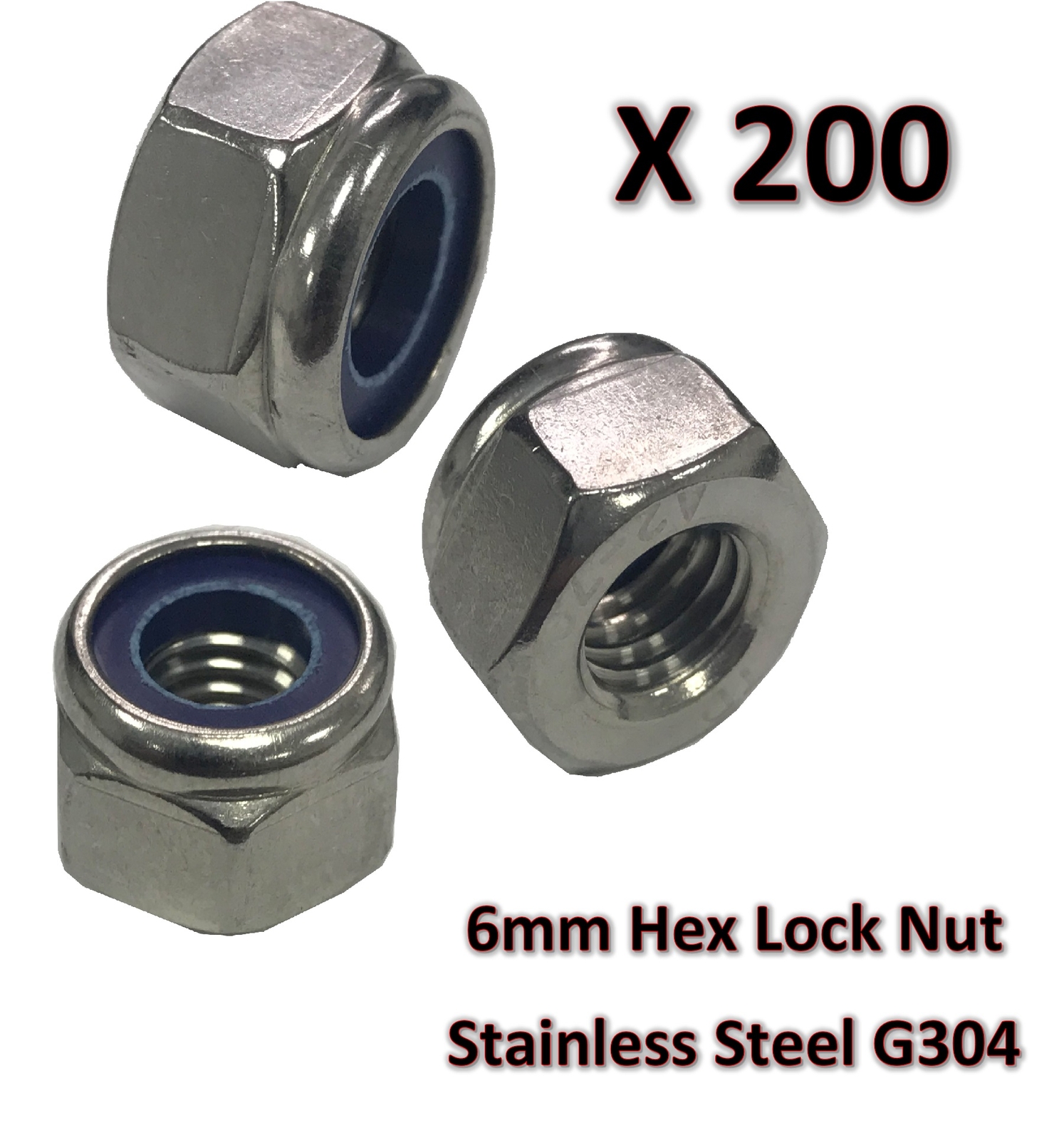 200 x M6 Stainless Steel 304 A2 Hex Nyloc Nut 6mm Nylon Insert Lock ...