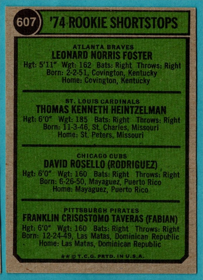 1974 Topps Rookie Shortstops - Leo Foster/Heintzelman/Dave Rosello ...