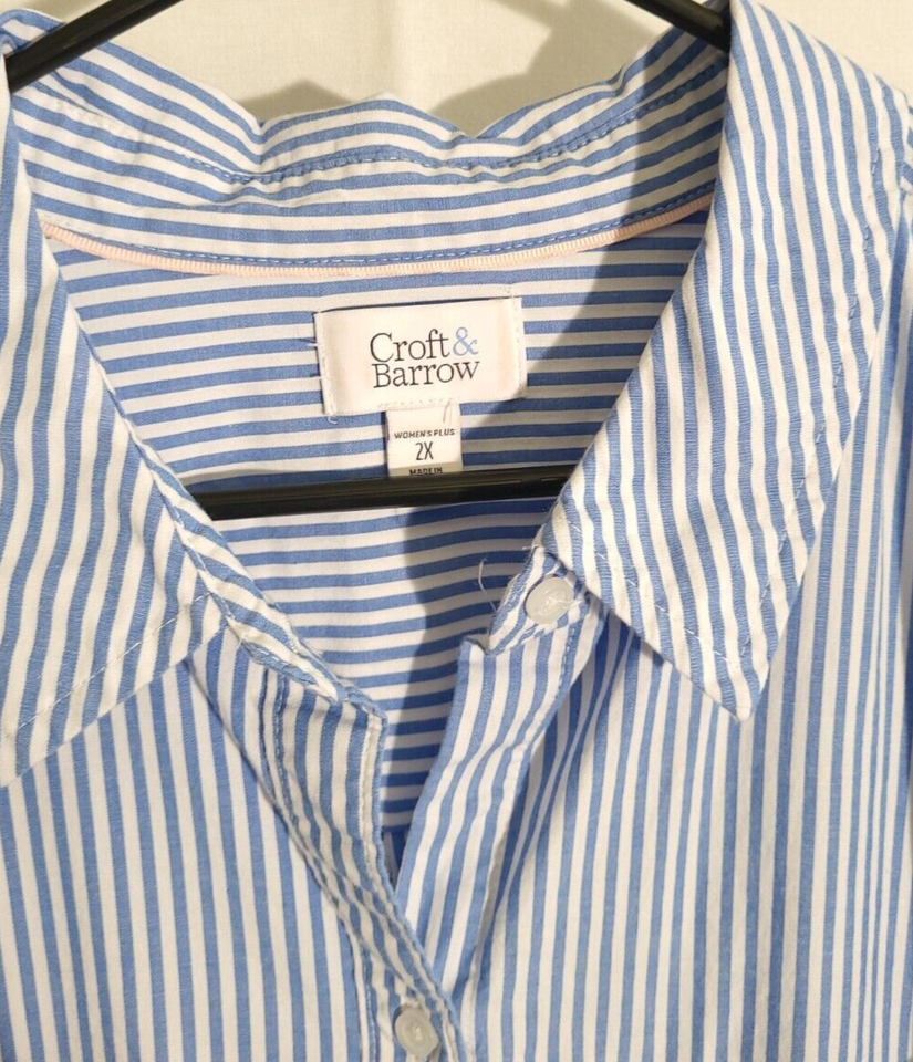 Croft Barrow-Blue White Striped Long Roll Tab Sleeve Cotton Button Top ...