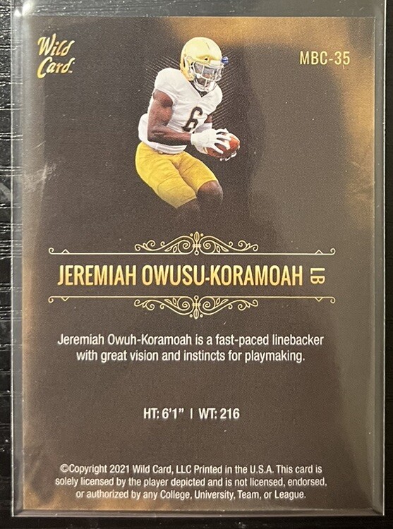 2021 Wild Card Matte Premier Gold Jeremiah Owusu-Koramoah #MBC-35 ...