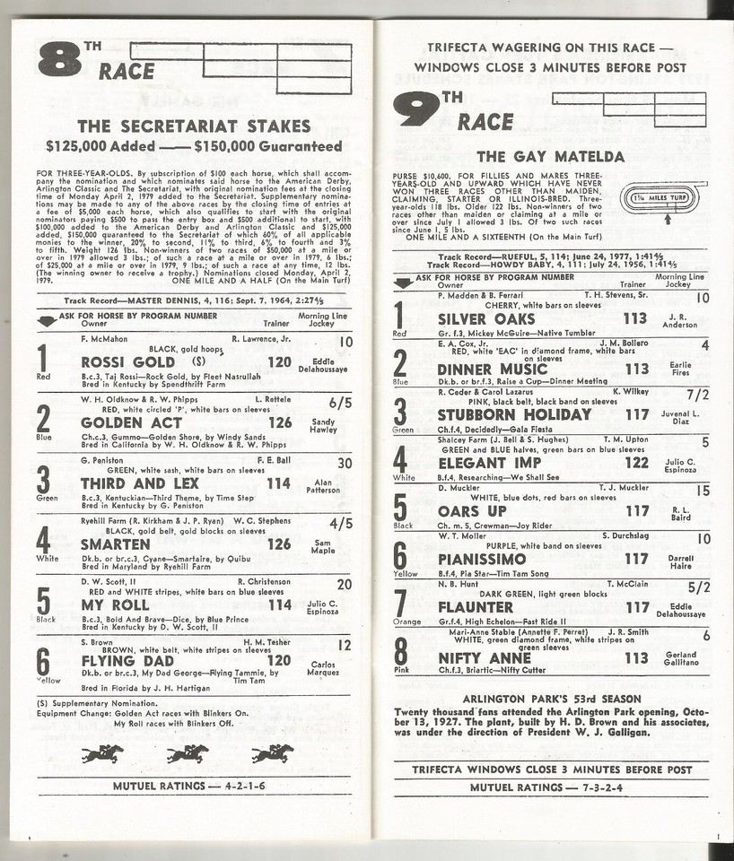 1979 Arlington program Secretariat Smarten Golden Act horse racing ...